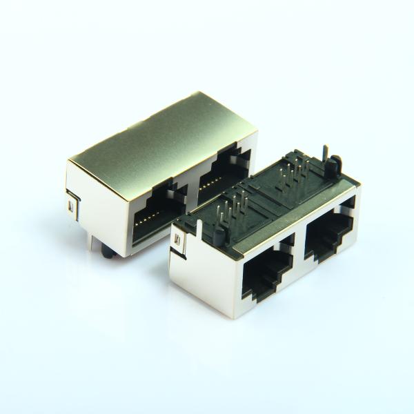 Quality Horizontal 90° Dual Port 8P8C RJ45 Female Connector, No LED Gigabit Shielded Ethernet Jack with Integrated Transformer Filter, Flat 3U Gold Plated Pin DIP PCB Twin Network Socket for sale