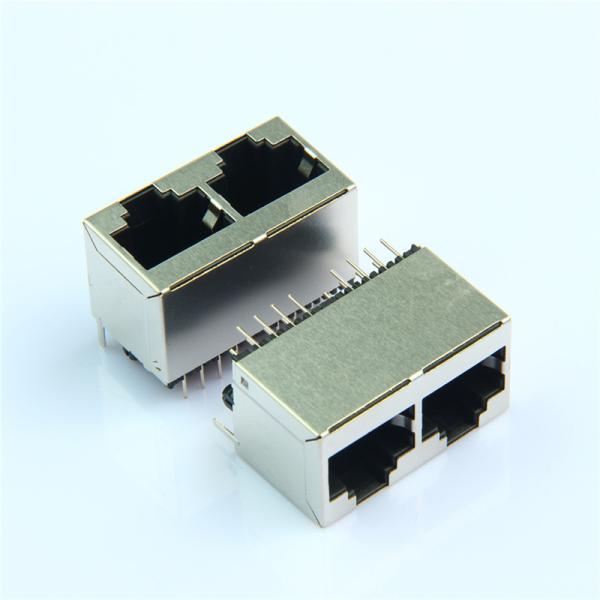 Quality Vertical 180° Twin Dual Port 8P8C RJ45 Female DIP Connector, Gigabit/Fast Ethernet Integrated Transformer Filter Magnetics, Shielded Ethernet Jack Without Link Activity LED for sale