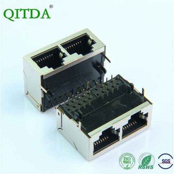 Quality Horizontal 1×2 Twin Dual Port 8P8C RJ45 Female DIP Connector, EMI Shielded Empty Shell Ethernet Jack Without Built-in Transformer & LED PCB Network Socket for sale