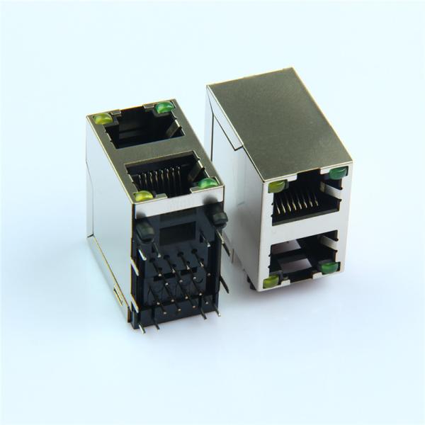 Quality Horizontal 2-Layer Stacked Twin Dual Port 8P8C RJ45 Female DIP Connector, Gigabit Integrated Transformer Filter, EMI Shielded Ethernet Jack With Independent Per-Port Link Activity Dual LED for sale