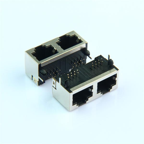 Quality Horizontal 1×2 Single Row Twin Dual Port 8P8C RJ45 Female DIP Connector, Empty Shell EMI Shielded Ethernet Jack Without Transformer & No Link Activity LED PCB Twin Network Socket for sale
