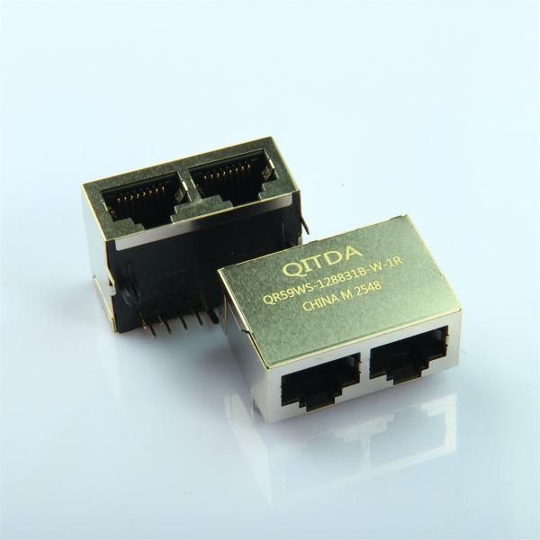 Quality Horizontal 1×2 Twin Dual Port 8P8C RJ45 Female DIP Connector, Round Pins EMI Shielded Empty Shell Ethernet Jack No Transformer No LED PCB Twin Network Socket for sale