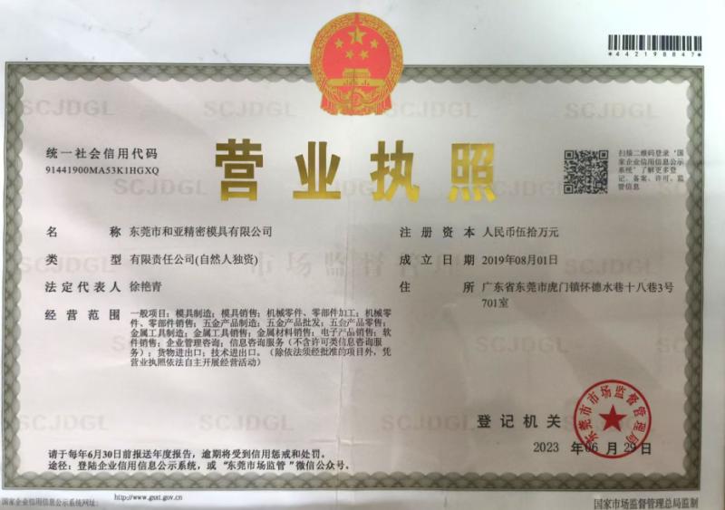 Statutory Certificate for the Registration of Market Entities - Dongguan Heya Precision Mold Co., Ltd