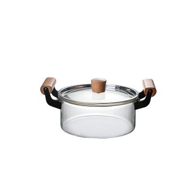 China Home kitchen high borosilicate transparent glass cooking  pot with Wooden handle for sale