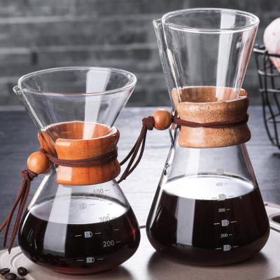 China Fancy Hot Sale Borosilicate Hand Blown Glass Coffee Maker With Wooden Collar Drip Pour Over Coffee Pots for sale