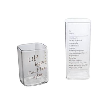 China Creative square letter printing heat-resistant reusable transparent travel cappuccino glass coffee cup for sale