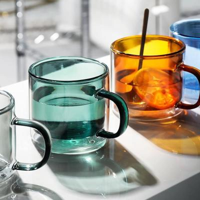 China tinted portable custom colorful double wall glass coffee cup for sale