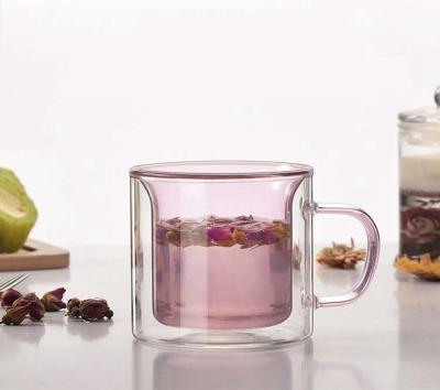 China pink thin straight water colored double wall glass cups for sale