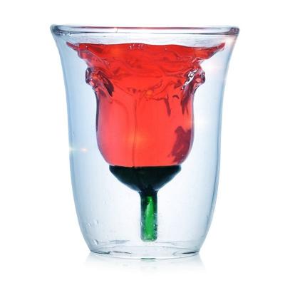 China Borosilicate Glass New Rose Flower Shaped Double Wall Drinking Wine Glasses Cup for sale