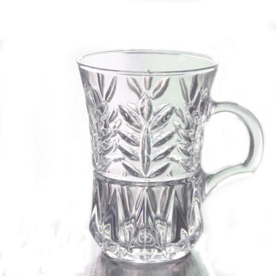 China Glassware Exclusive Mold Designs Premium Leaf Free Handle  Glass Tumbler for Milk Beverage Engraved Vintage Glass Juice Cup for sale