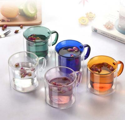 China Hand made electroplating color double wall coffee mug handle glass cup for sale