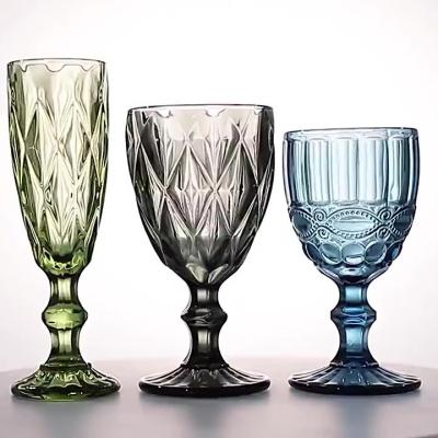 China Ins Hot Selling  Glassware Colored Goblet Wine Glasses Water Glass Pressed Blue Glass Goblets for sale
