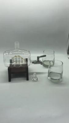 China Barrel Shaped Wine Set With Stainless Steel Faucet Glass Bottle Pine Frame for sale