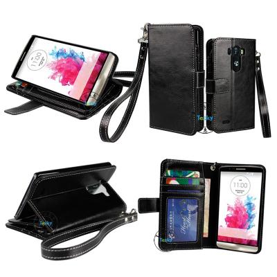 China Wallet Flip Stand Leather Cover Case For LG G3 with The wrist band and credit card holder for sale