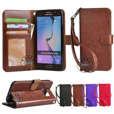 China pu leather wallet case for samsung galaxy s6 with wrist strap,OEM and ODM welcome for sale