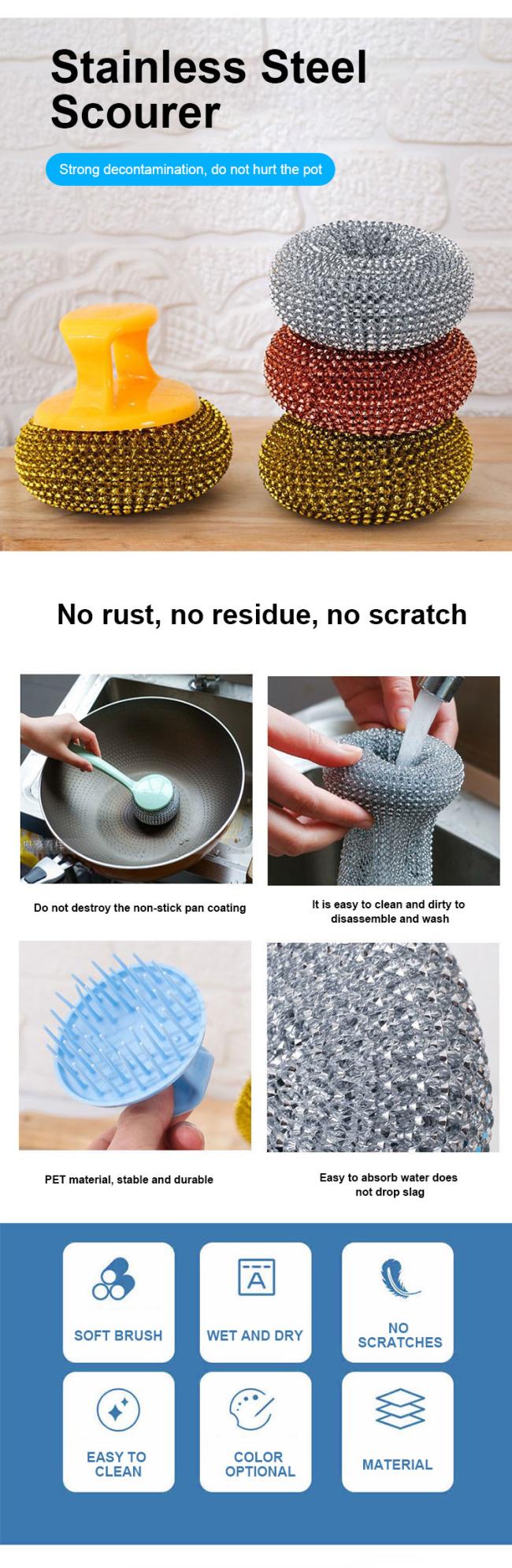 Multiple stainless steel cleaning balls in use on various kitchen surfaces