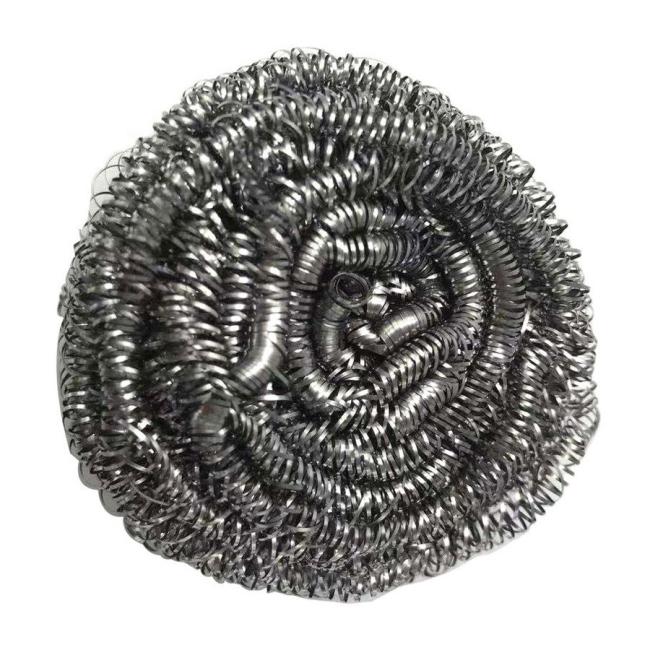 Stainless steel wire sponge in use on cookware
