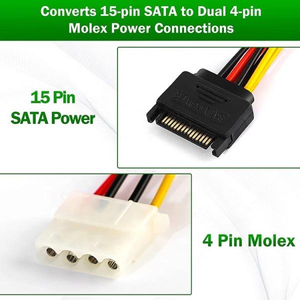 Quality Sata 15 Pin Male to Dual Molex 4 Pin Lp4 IDE Female Hard Drive Power Y Adapter for sale