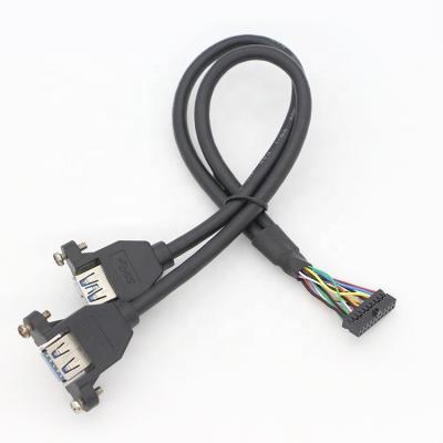 China Y Splitter Screw Locking Stud Dual USB 3.0 Type A Female Panel Mount USB Cable with Molex for sale