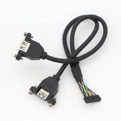 China Y Splitter Screw Locking Stud Dual USB 3.0 Type A Female Panel Mount USB Cable with Molex for sale