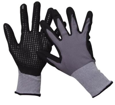 China 15 Guage Nylon & Spandex Liner Glove with Nitrile Sandy Palm Coating and palm dots for sale