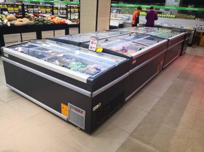 Китай Коммерчески витрина дисплея холодильника замораживателя острова со стеклянной раздвижной дверью продается