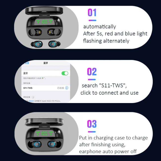 Drop Ship for S11 Drop Ship 3500mAh LED Bluetooth Wireless Earphones Tws Touch Control Sports Noise Canceling