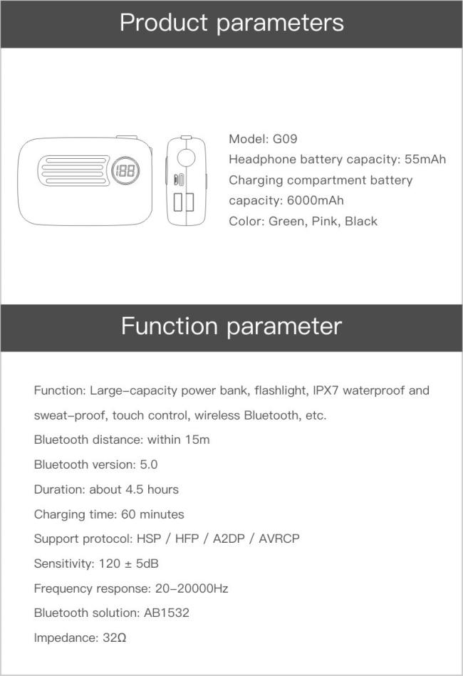 Bluetooth 5.0 True Wireless Earbuds G09 New Tws Ipx7 Waterproof Wireless Headphone (Dual USB 5000mAh power bank charging Case, support Android Type-C input)