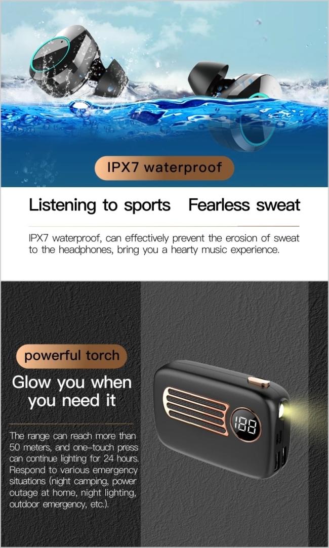 Bluetooth 5.0 True Wireless Earbuds G09 New Tws Ipx7 Waterproof Wireless Headphone (Dual USB 5000mAh power bank charging Case, support Android Type-C input)