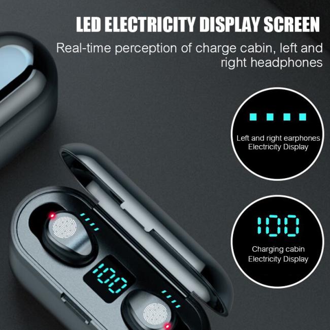 Wireless Earphone Bluetooth V5.0 F9 Tws Wireless Bluetooth LED Display Headphone (With 2000mAh Power Bank Headset, With Microphone)