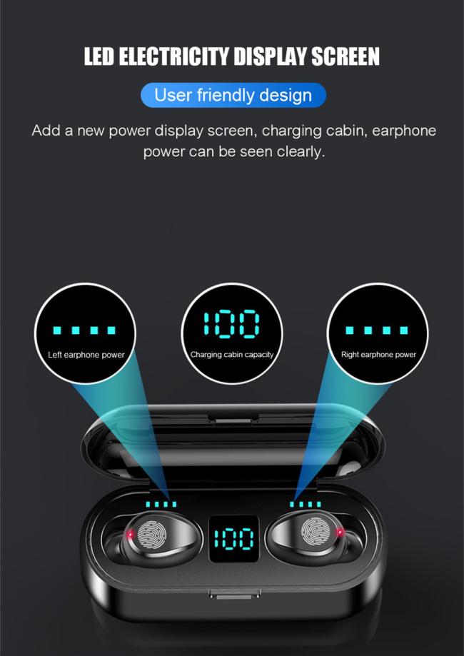 Wireless Earphone Bluetooth V5.0 F9 Tws Wireless Bluetooth LED Display Headphone (With 2000mAh Power Bank Headset, With Microphone)
