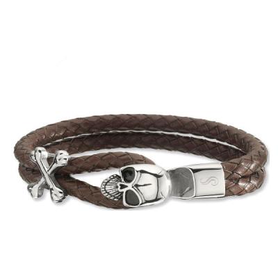 China El acero inoxidable del cráneo para hombre caliente de la venta trenzó el cuero marrón de la pulsera en venta