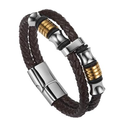 China Pulsera de cuero tejida de alta calidad del acero inoxidable del doble de la joyería del cuerpo con el corchete magnético en venta