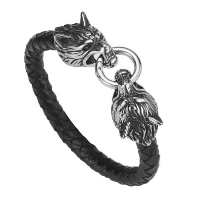 China El lobo de cuero del doble del acero inoxidable de la PU de las ventas calientes dirige la pulsera en venta