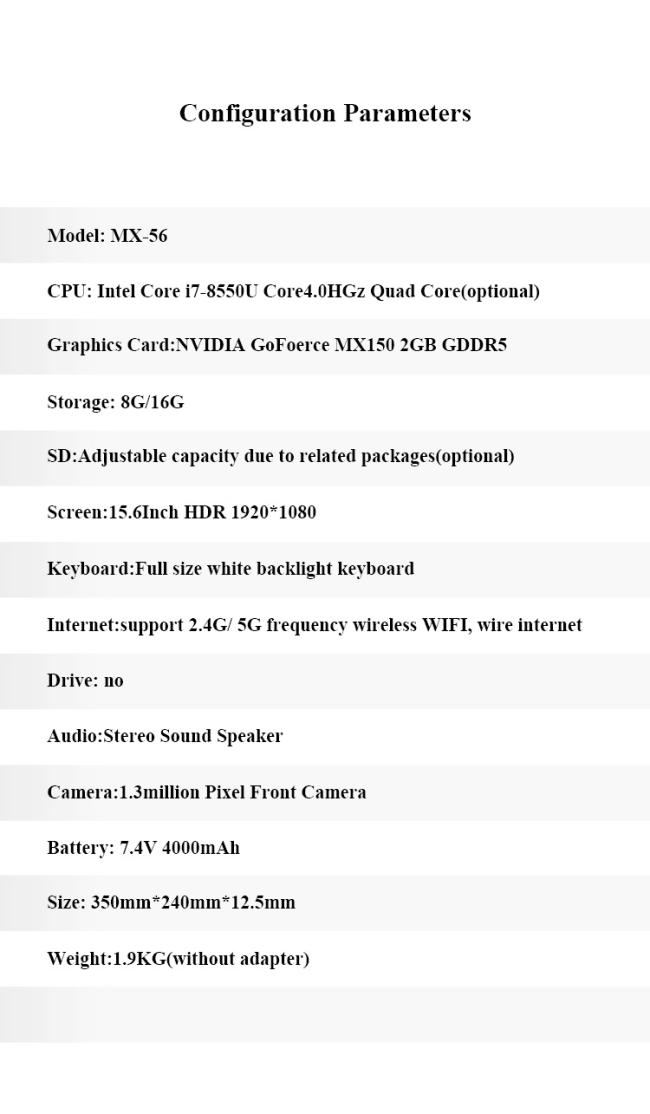 Specifications of gaming laptop