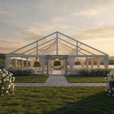 China Luxury 12x25m Clear Span Wedding Party Marquee Tent Glass Wall Panels Aluminum Frame European Event Structure for sale
