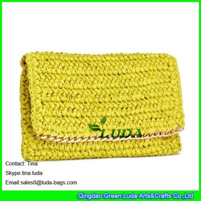 China LUDA crochet handbags metallic chain purse summer paper straw clutches for sale