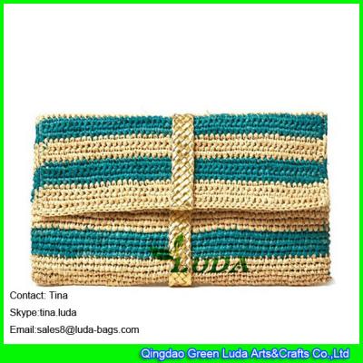 China LUDA women's raffia stripe straw hand clutch bag silver leather handbag for sale