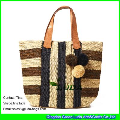 China LUDA colored women beach handbags crochet straw raffa bags with pom pom en venta