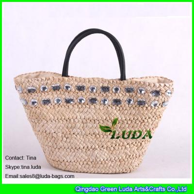 China LUDA natural straw handbags cornhusk straw beach tote bags with stone for sale
