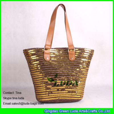 China LUDA fashion lady wheat straw handbags golden sequins straw bags for sale