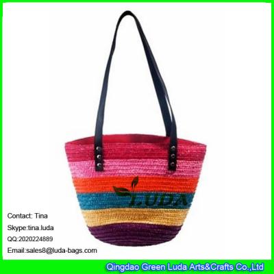 China LUDA colorful women beach handbag wheat straw striped shoulder bag for sale