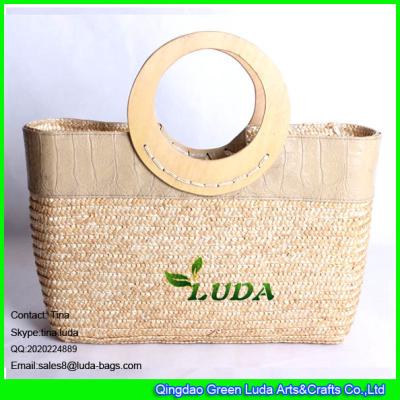 China LUDA wheat straw plain hobo bags with round wooden handles for sale