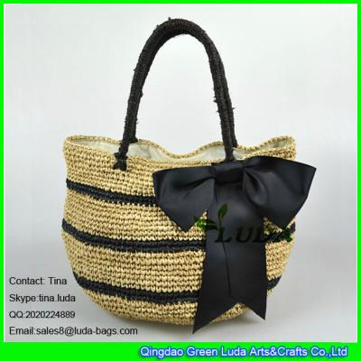 China LUDA new striped straw beach bags totes bowknot raffia straw handbags for sale