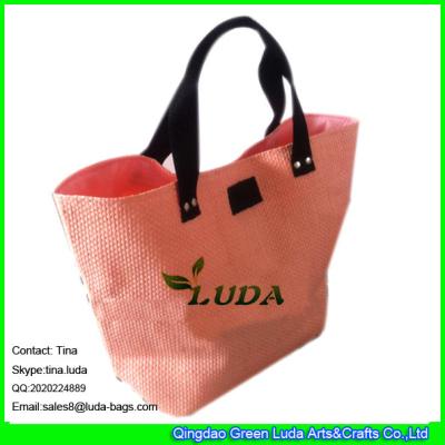 China LUDA wholesale handbag black leather logo paper straw beach shopping bag for sale
