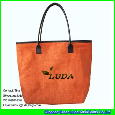 China LUDA brown leather handles handbag paper straw beach pomotion shopping bag for sale