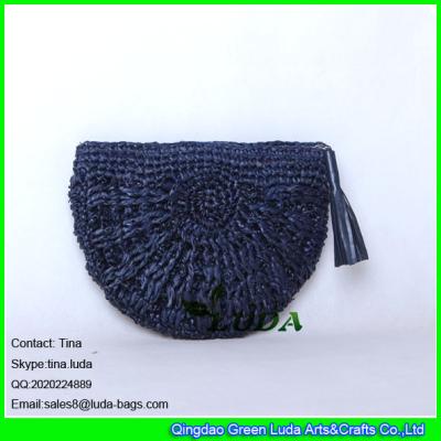 China LUDA navy blue raffia handbags fashion handmade raffia straw clutch bag for sale