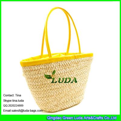 China LUDA light yellow genuine leather handbags cornhusk straw beach bag sets for sale