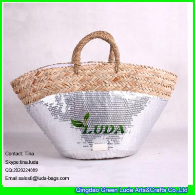 China LUDA natural seagrass straw tote sequins fabric deco straw shopping basket bag for sale