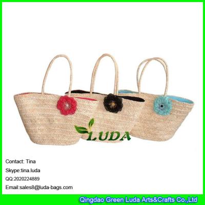 China LUDA natural straw lunch bags stylish flower cornhusk straw handbags women for sale